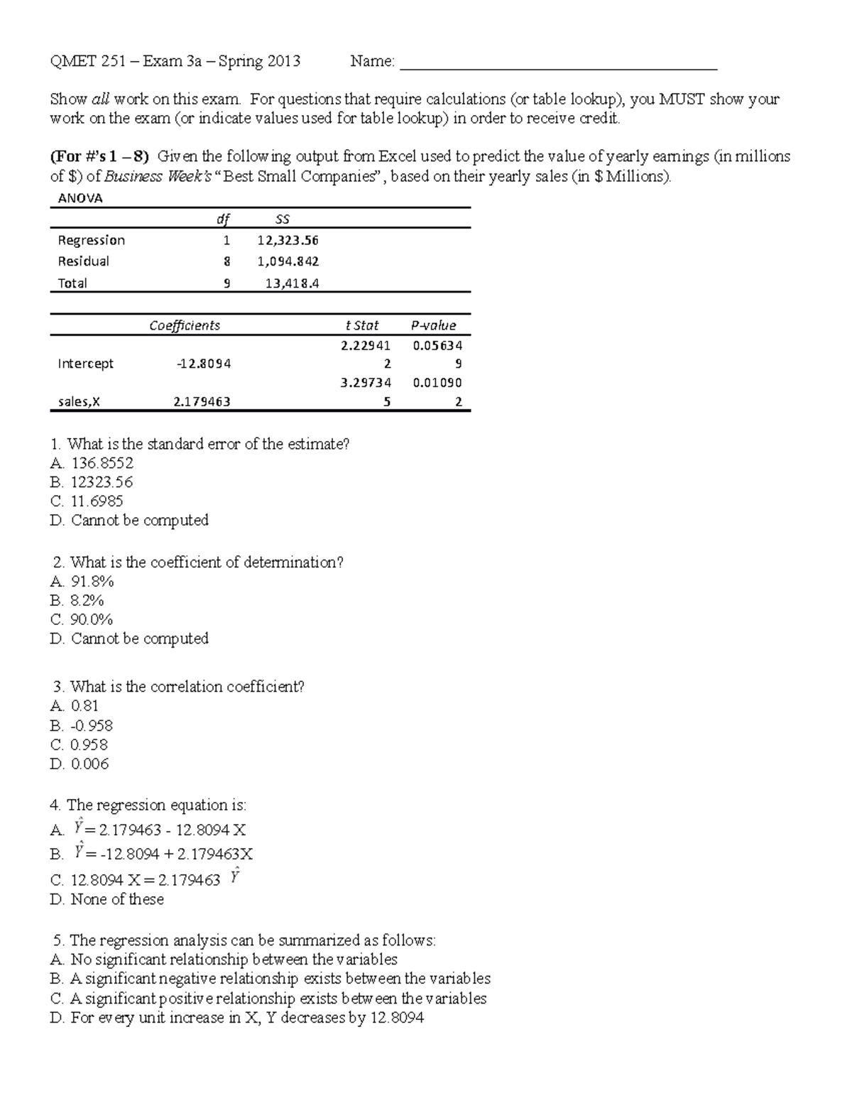 QMET 251 - Sample Exam 3 questions-2 - QMET 251 – Exam 3a – Spring 2013 ...
