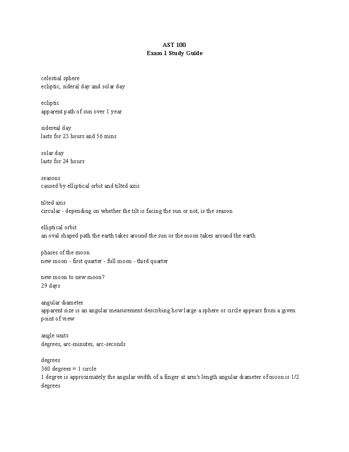 AST 100 Exam 1 Study Guide - AST 100 Exam 1 Study Guide celestial ...