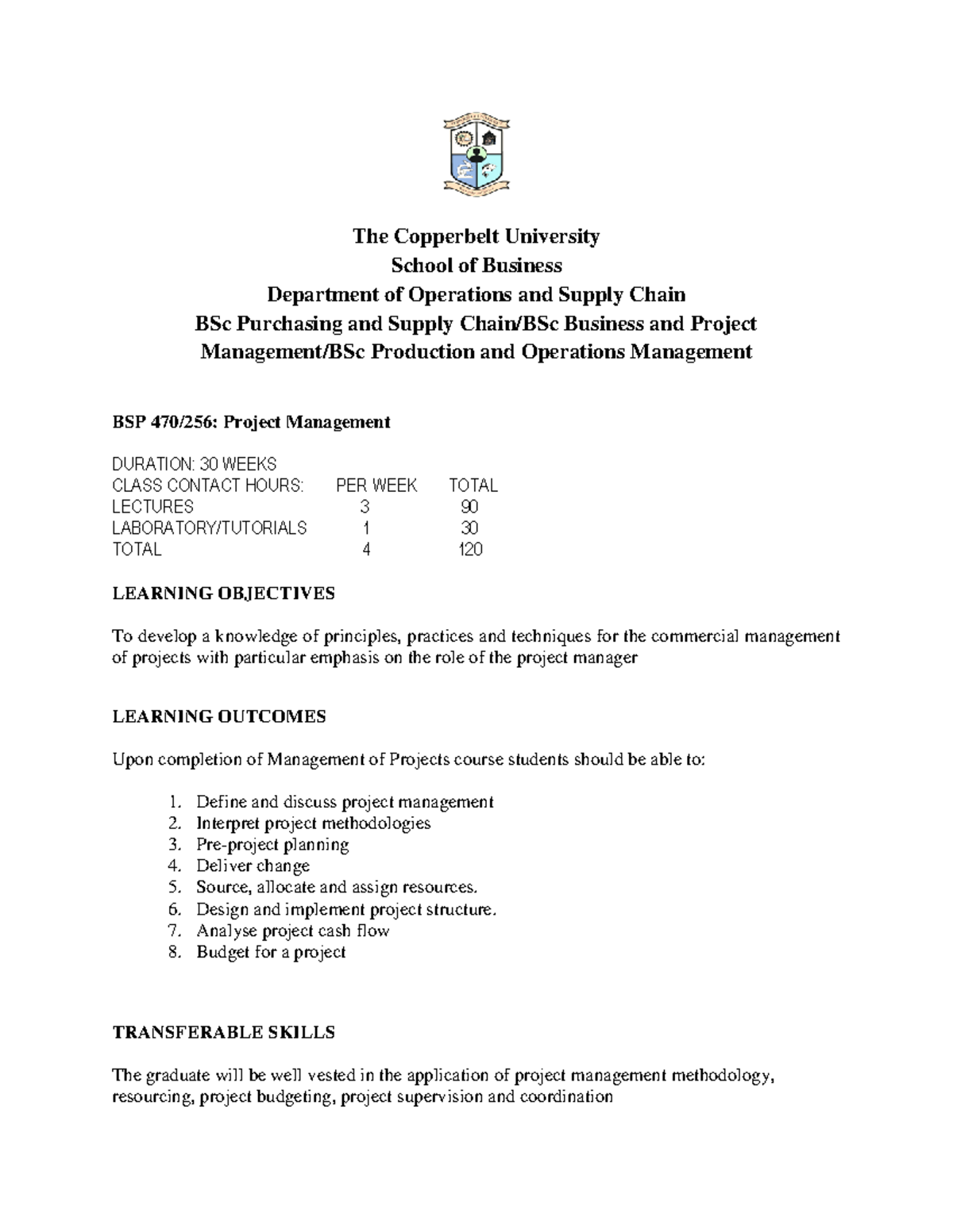 BSP 470 256 Course Outline - The Copperbelt University School of ...