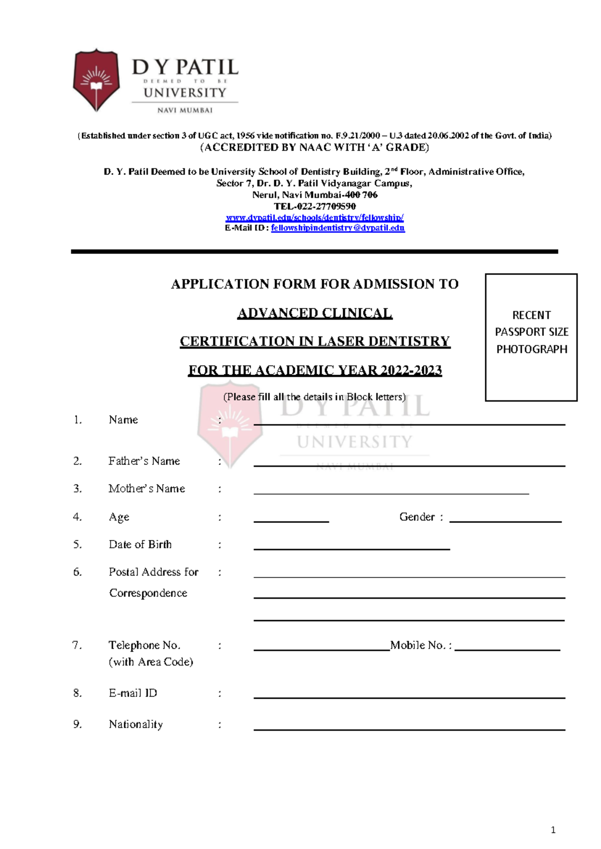 Application FORM - Advanced Clinical Certification IN Laser Dentistry ...