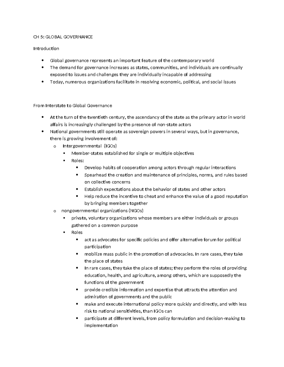 CH 5 Global Governance - CH 5: GLOBAL GOVERNANCE Introduction Global ...