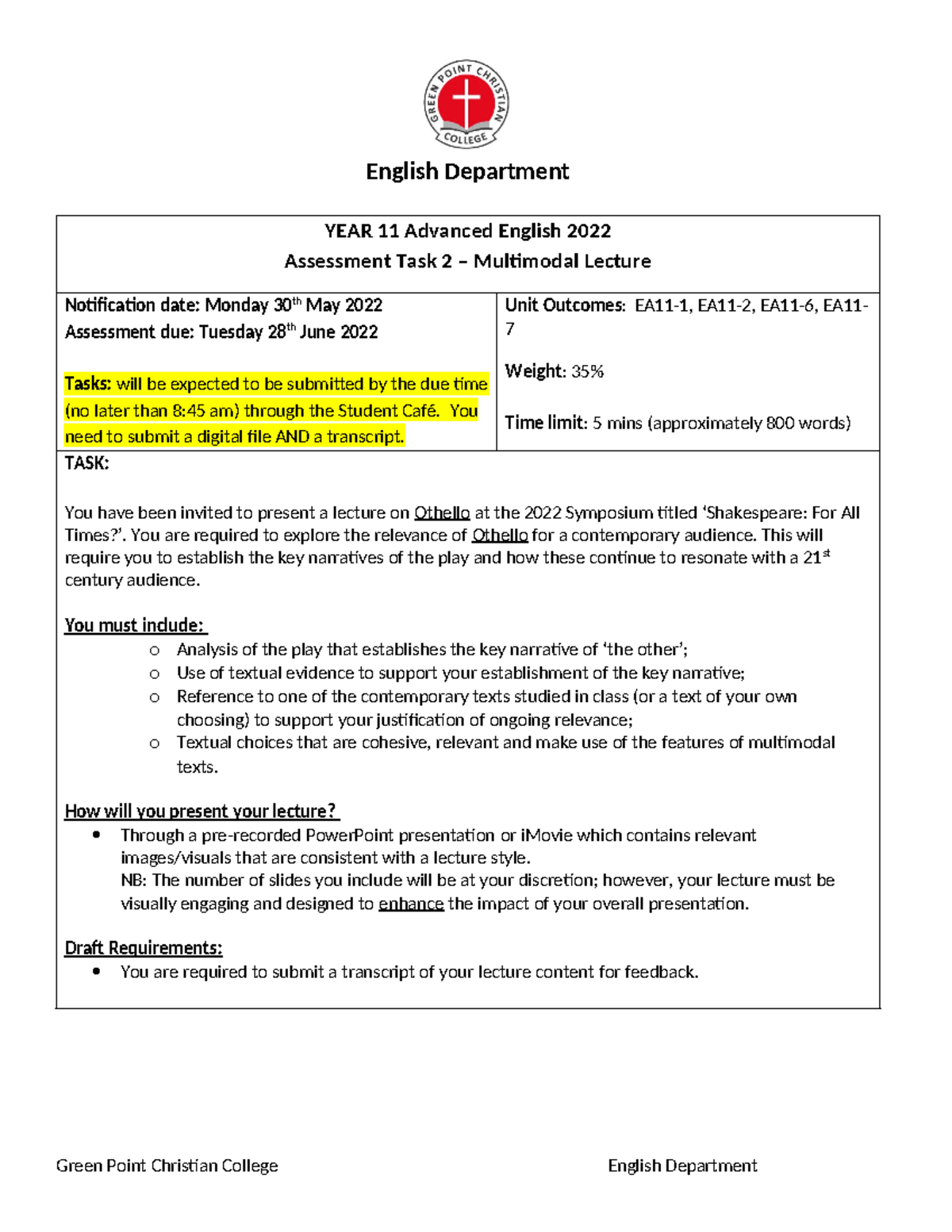 year 11 assessment task 2 - English Department YEAR 11 Advanced English ...