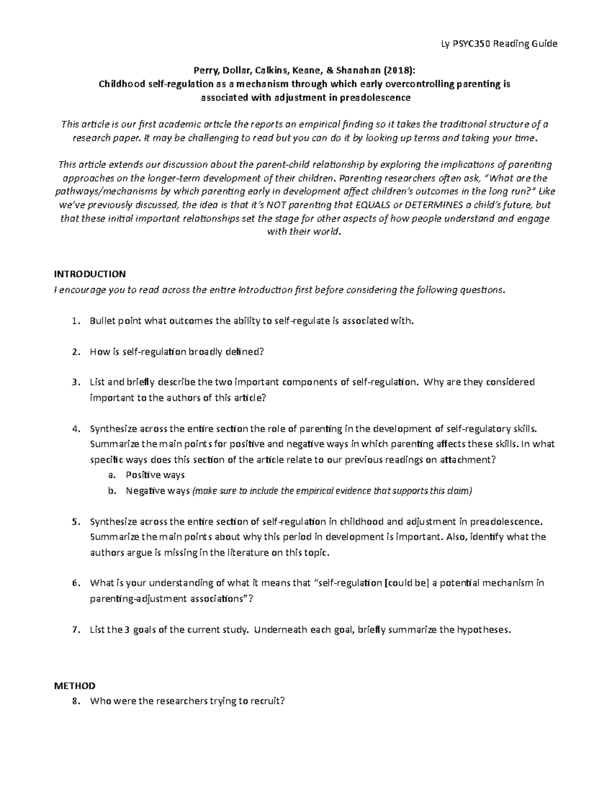 Perry et al 2018 Reading Guide - Ly PSYC350 Reading Guide Childhood ...