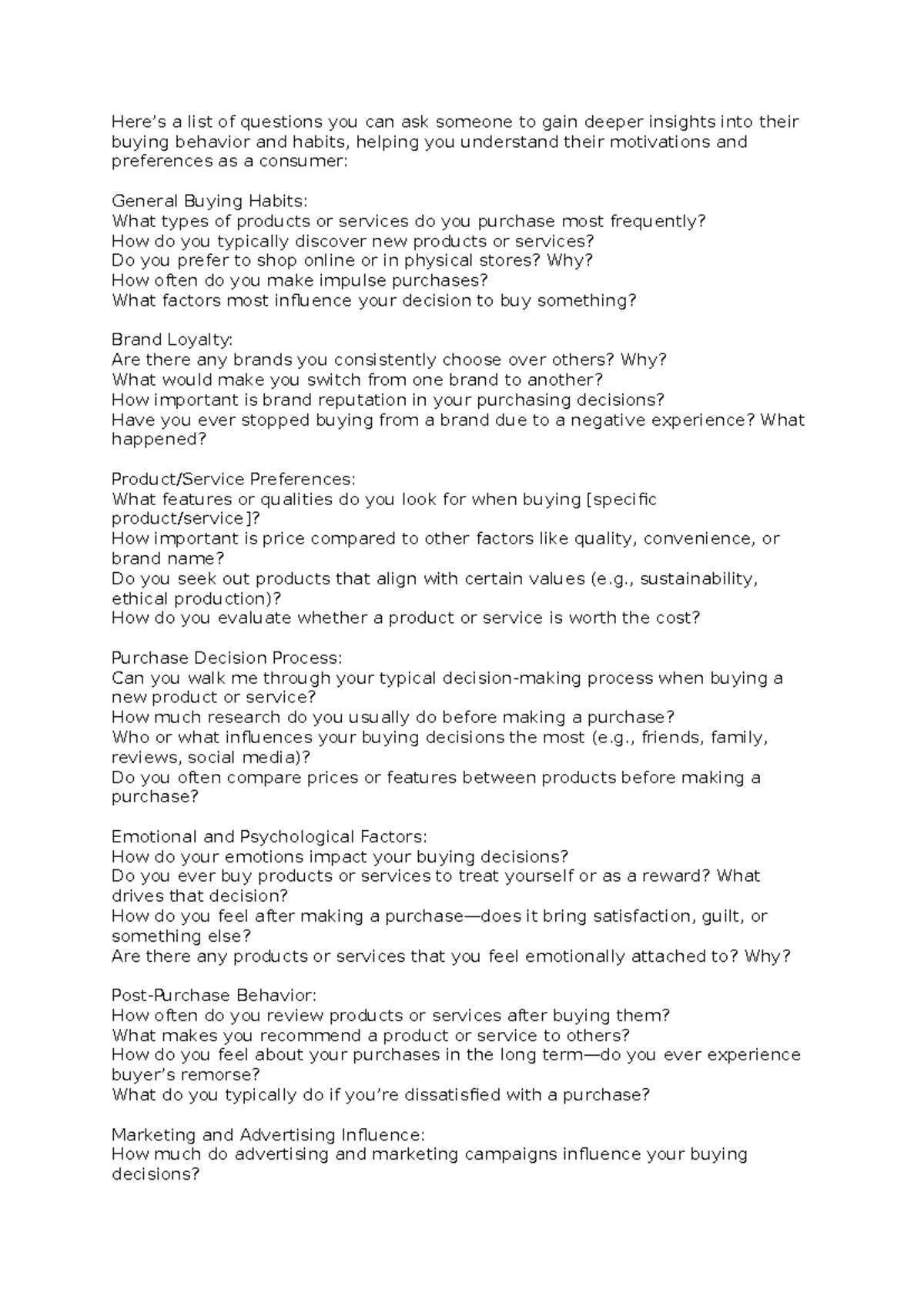 Questions for customer interview - Here’s a list of questions you can ...