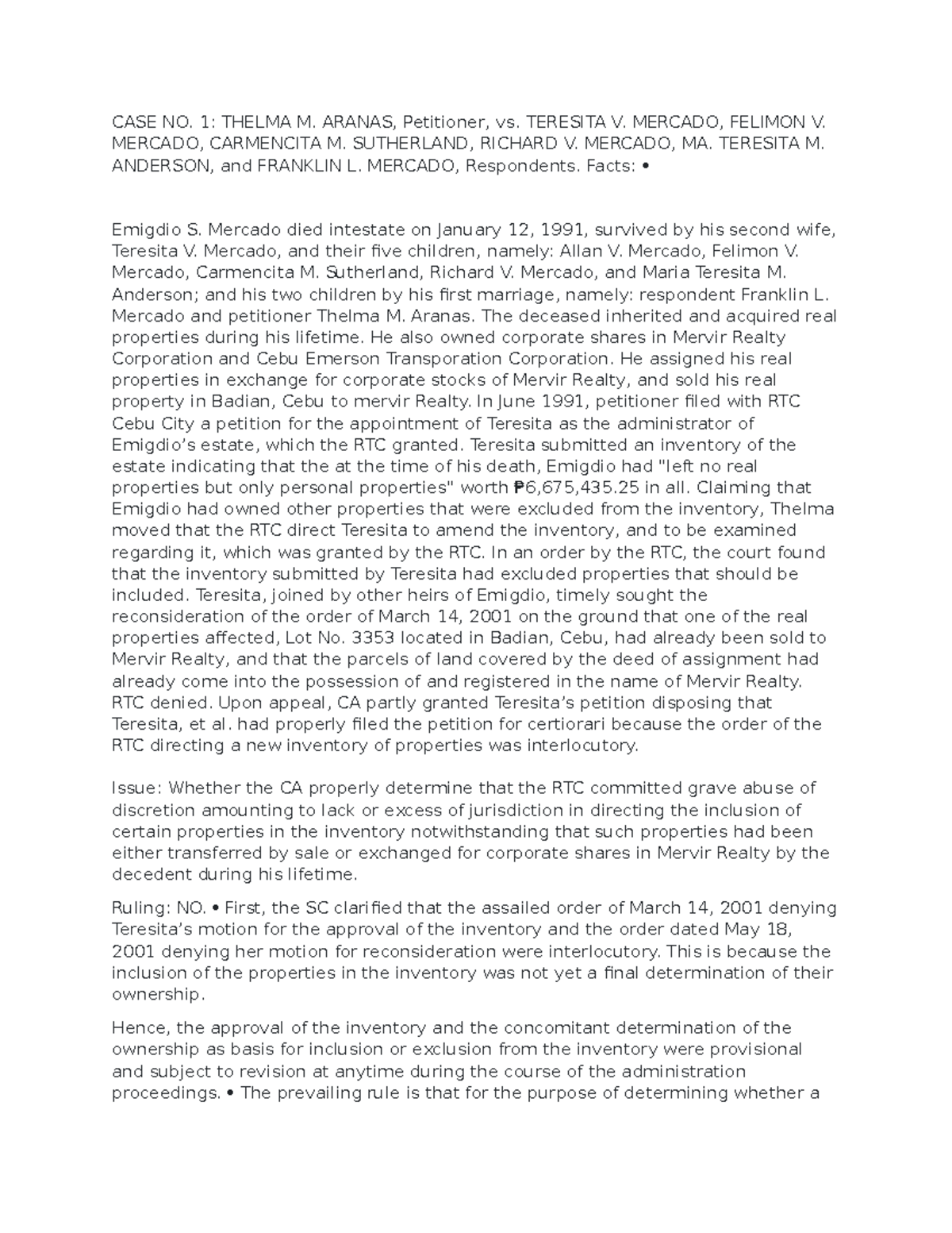 Aranas vs. Mercado - Case Title : AMELIA GARCIA-QUIAZON, JENNETH ...