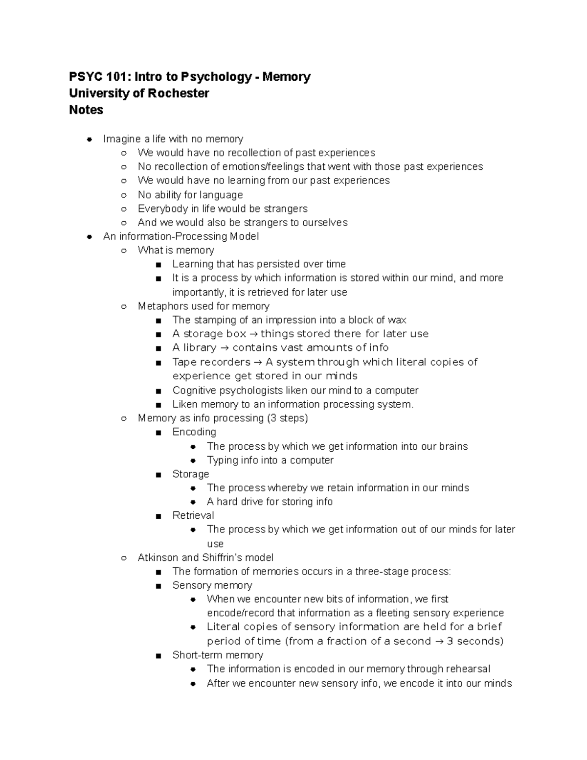 PSY 101 - Memory - PSYC 101: Intro to Psychology - Memory University of ...