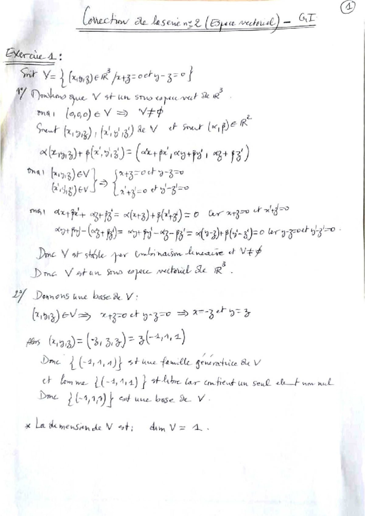 9-Correction TD espace vectoriel GI - Copie - Algèbre Linéaire - Studocu