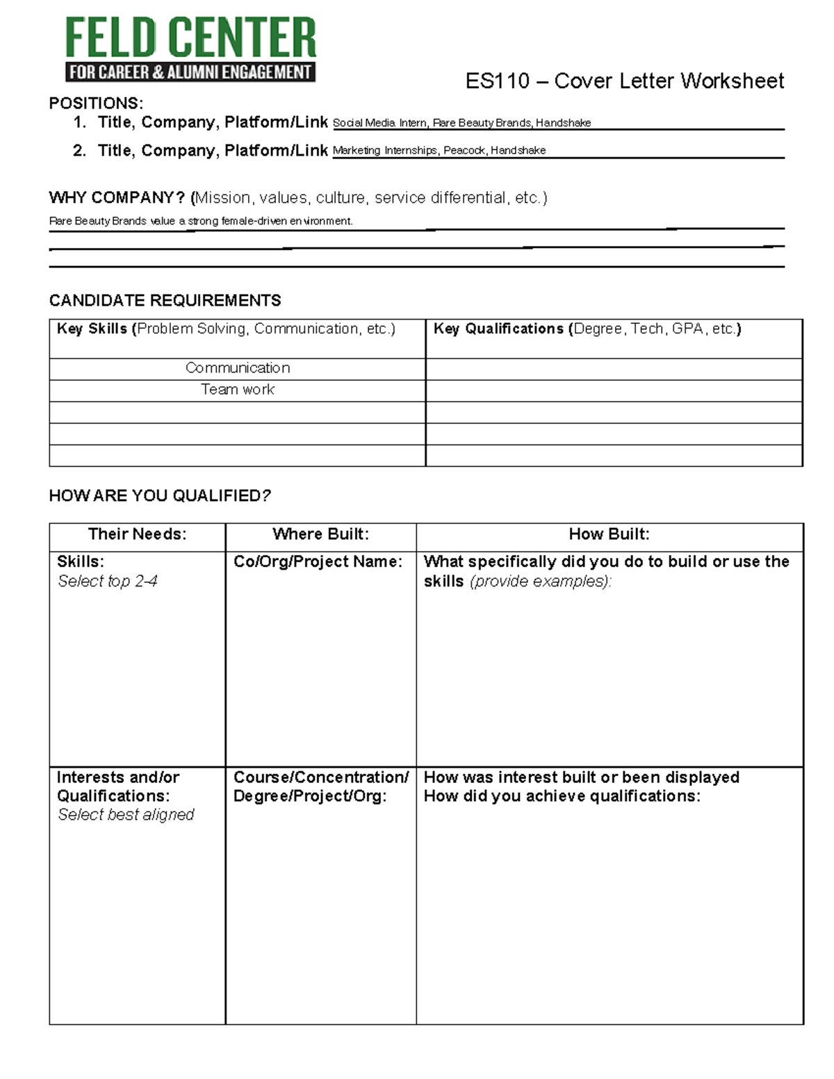ES110 Cover Letter Worksheet - ES110 – Cover Letter Worksheet POSITIONS ...