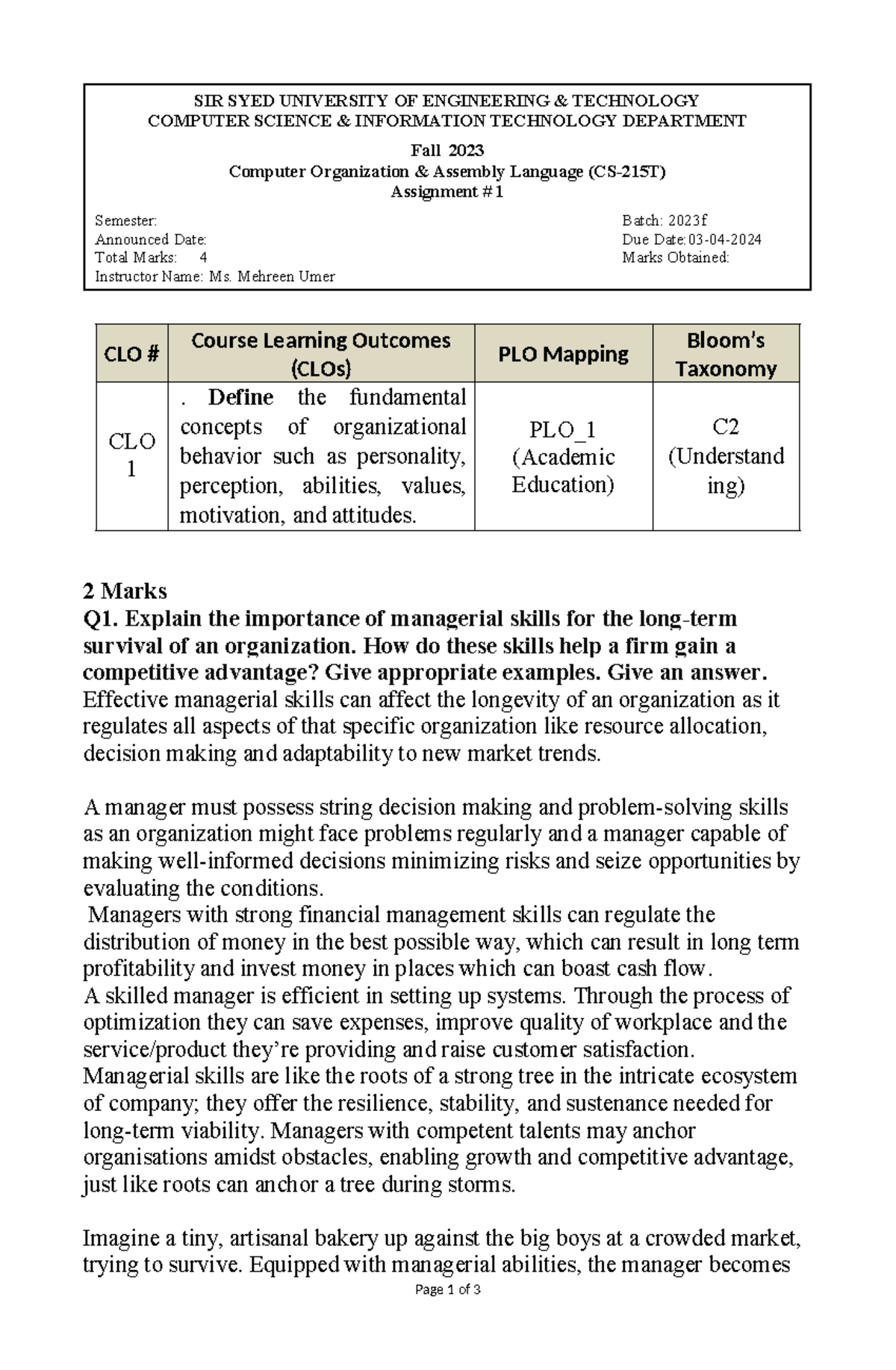 OB assignment - basically a course about organizational behaviour - CLO ...
