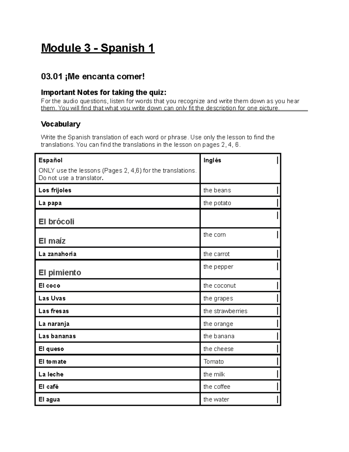 Spanish one flvs notes 2 - Module 3 - Spanish 1 03 ¡Me encanta comer ...