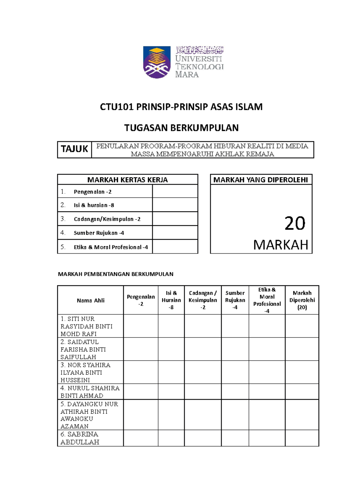 CTU101 Group Assignment - CTU101 PRINSIP-PRINSIP ASAS ISLAM TUGASAN ...