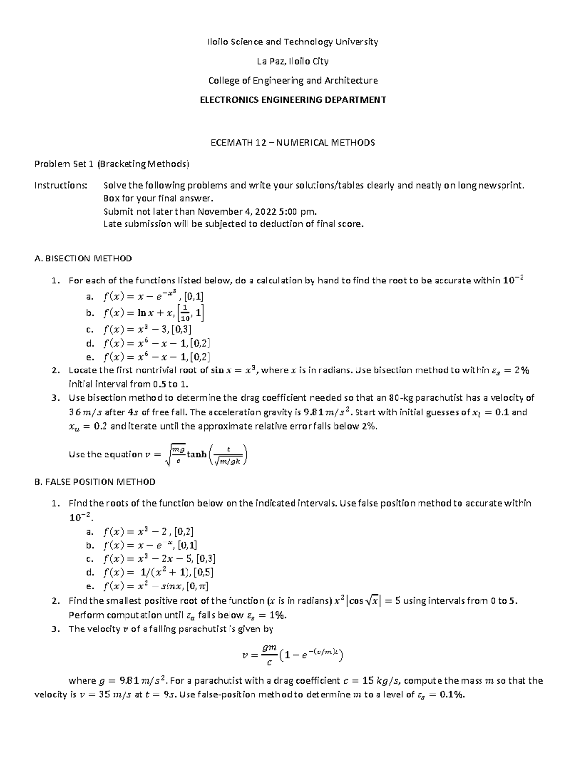 Problem Set 1-ECE - MATHEMATICS - Iloilo Science and Technology ...