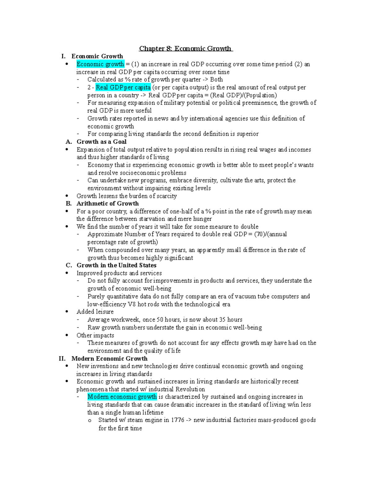 Chapter 8 Notes - Chapter 8: Economic Growth I. Economic Growth ...