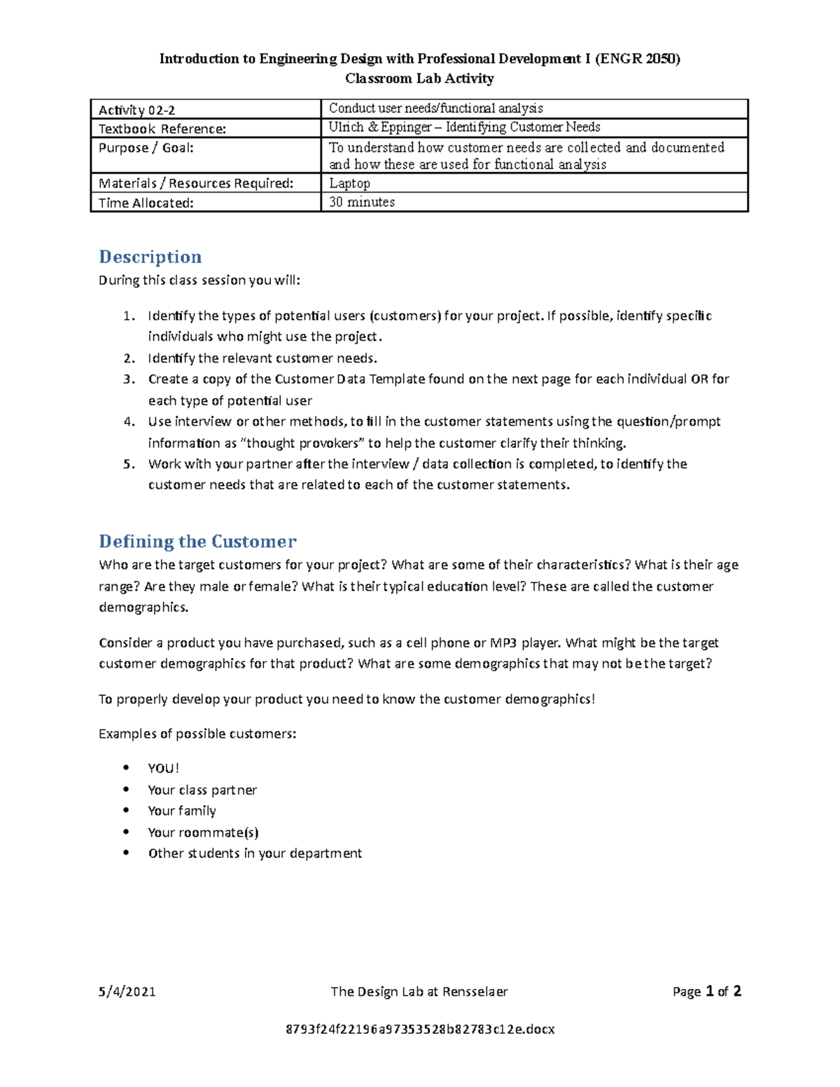 Introduction to Engineering Design: User Analysis and Identifying ...