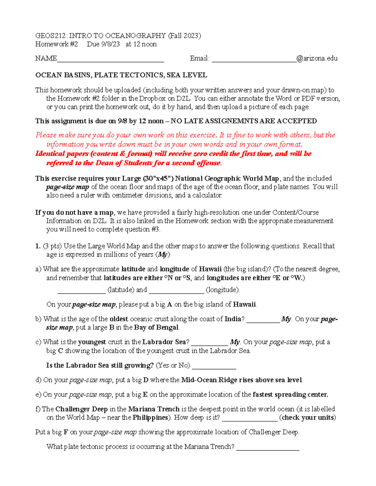 Homework 2 F23 docx - GEOS212: INTRO TO OCEANOGRAPHY (Fall 2023) Homework #2 Due 9/8/23 at 12 ...