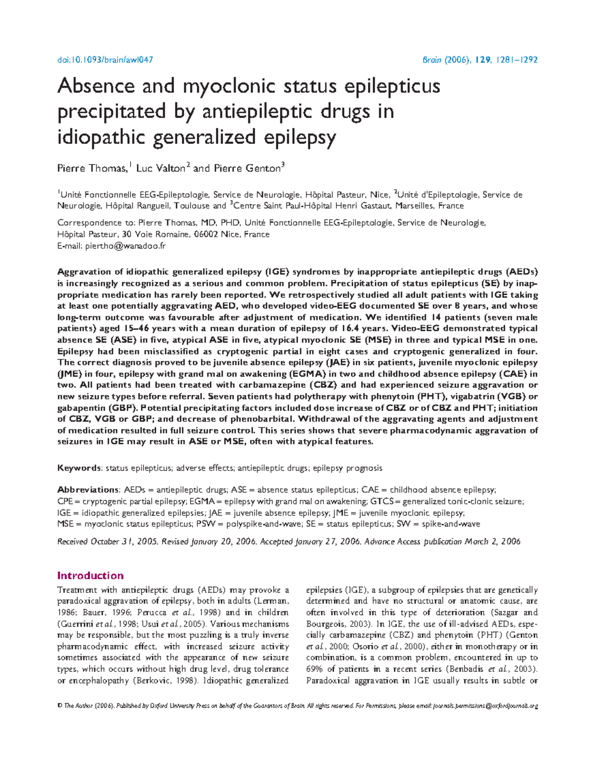 Awl047 - doi:10/brain/awl047 Brain (2006), 129 , 1281– Absence and ...