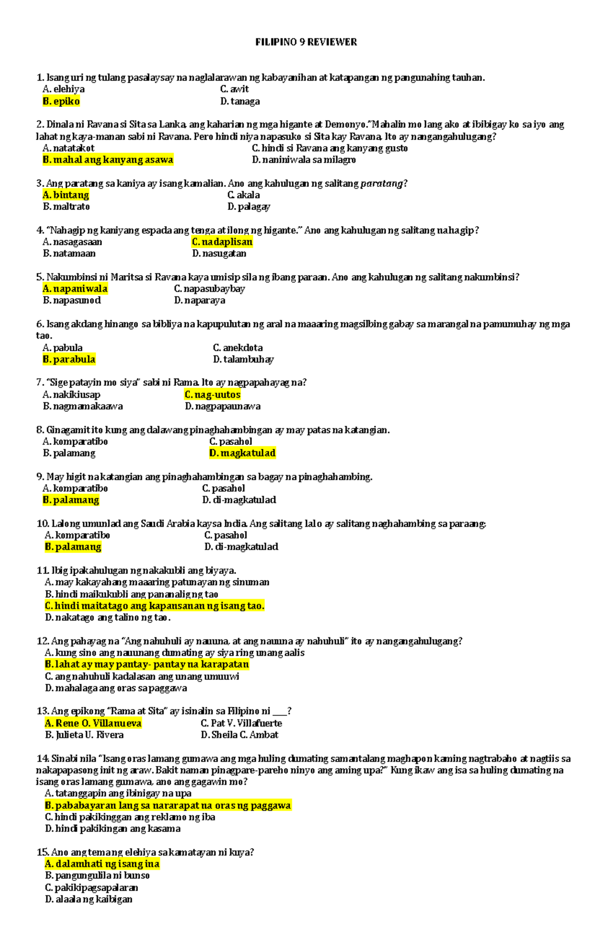 Filipino-9- Summative- Answers - FILIPINO 9 REVIEWER Isang uri ng ...
