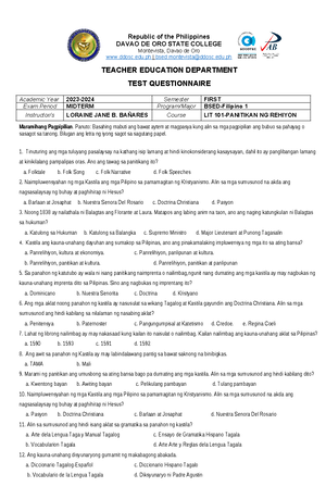 FIL 101 Midterm TQ - GITNANG HATI NA PAGSUSULIT - Republic of the ...