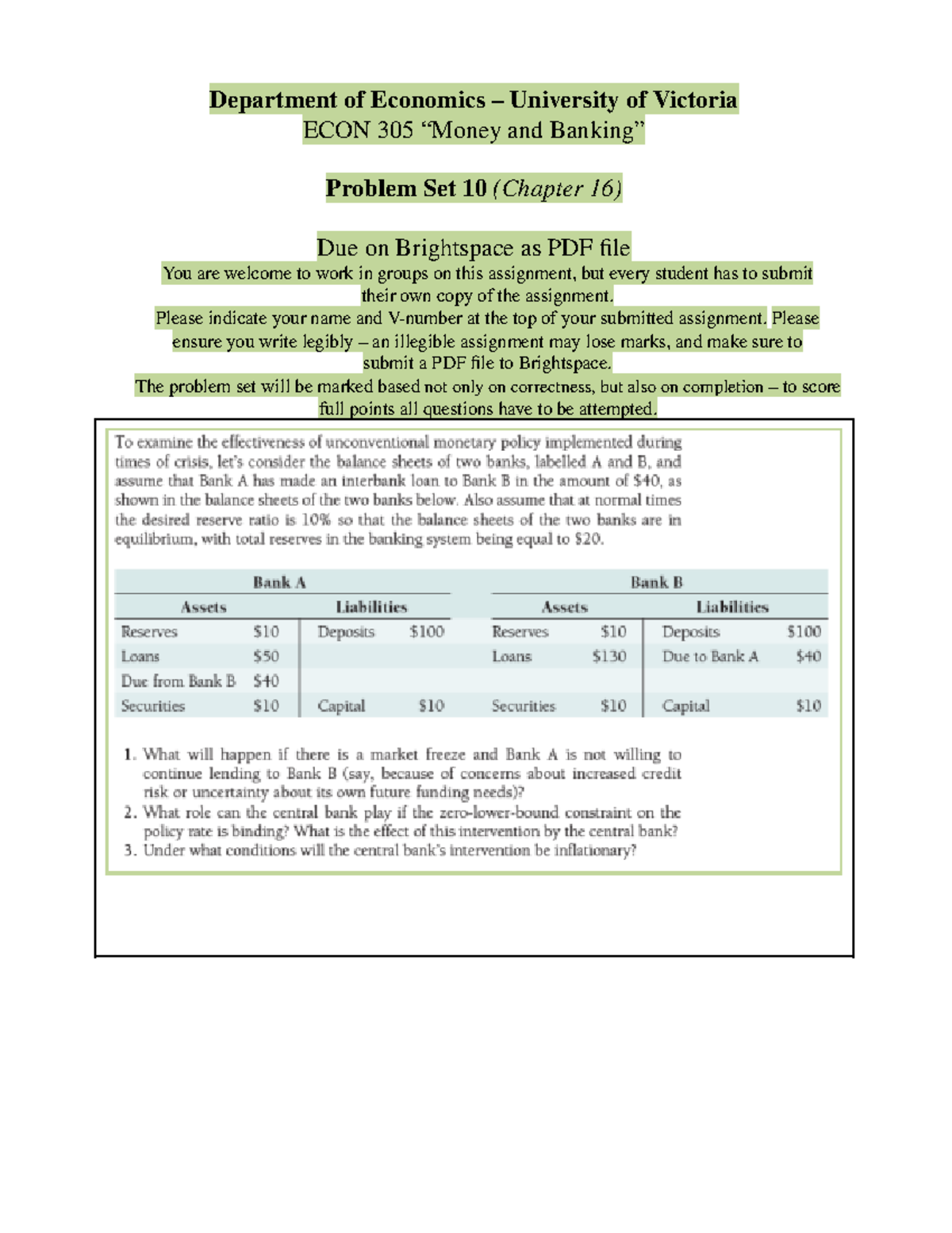 Problem Set 10(Ch - Homework - Department of Economics – University of Victoria ECON 305 “Money ...
