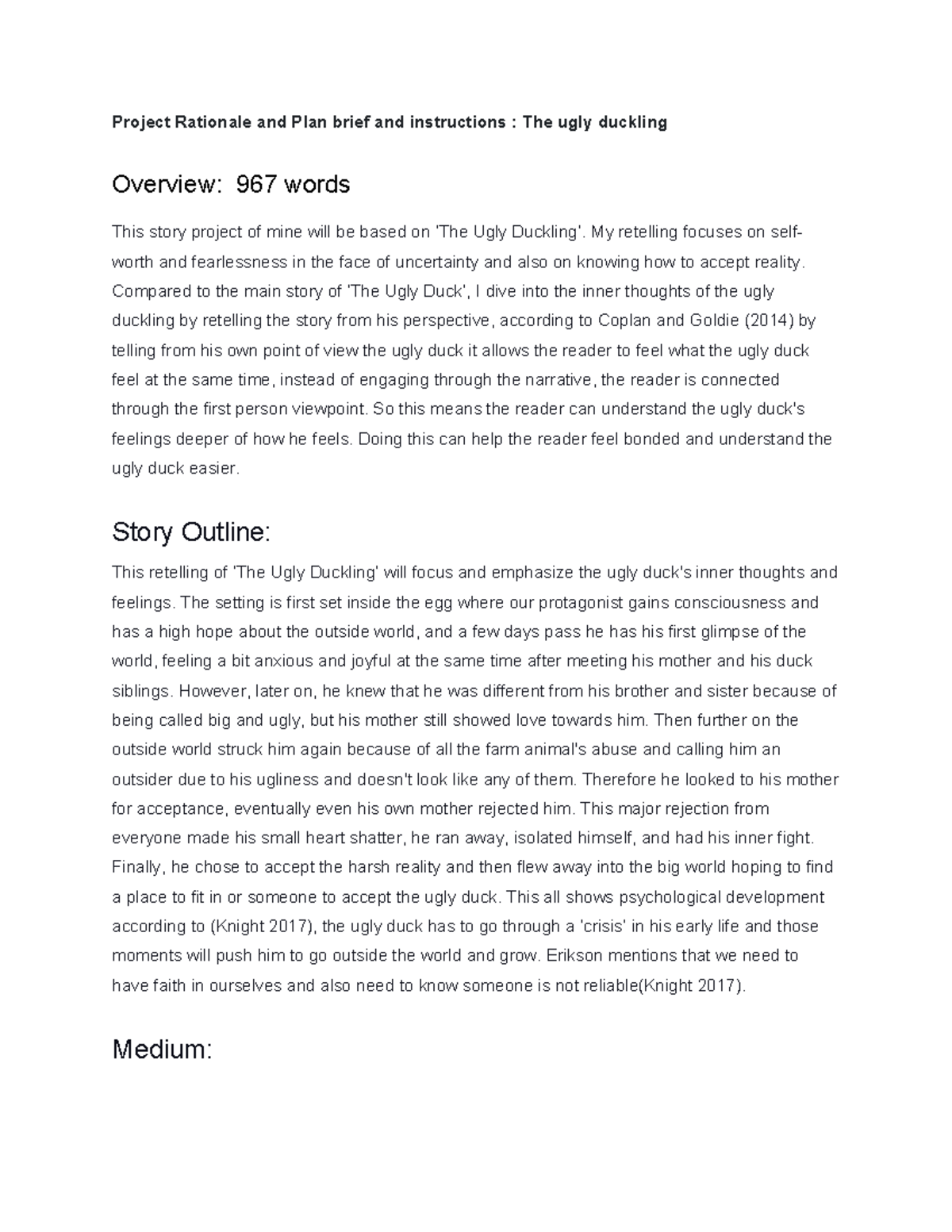 Project Rationale and Plan brief and instructions The ugly duckling ...