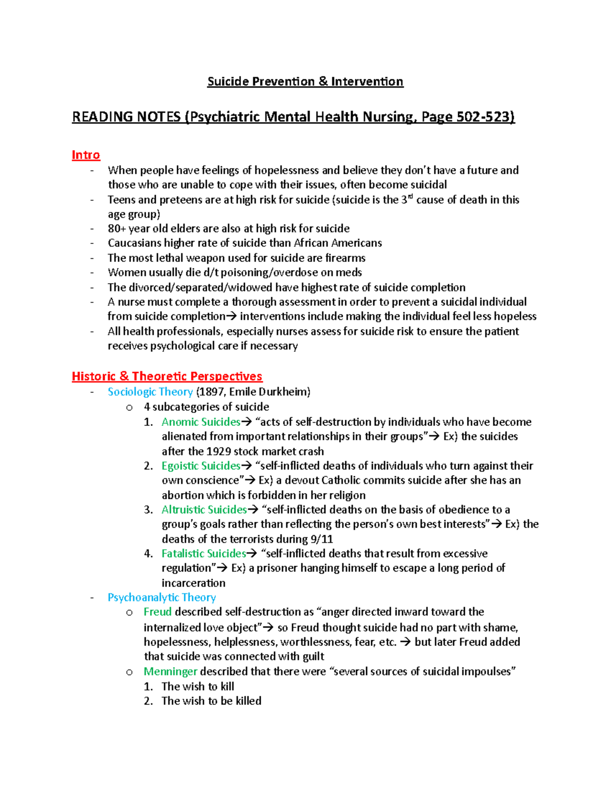 Suicide - Class & reading notes - Suicide Prevention & Intervention ...