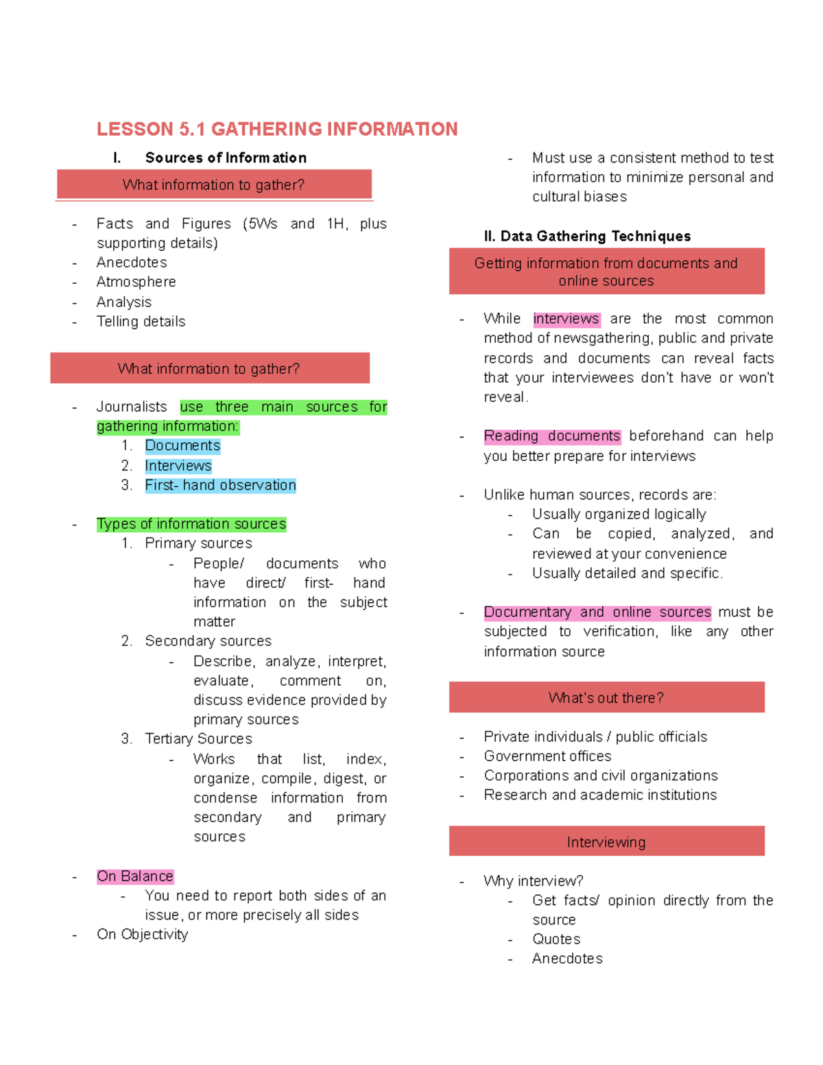 DEVC-20-Reviewer - LESSON 5 GATHERING INFORMATION I. Sources of ...