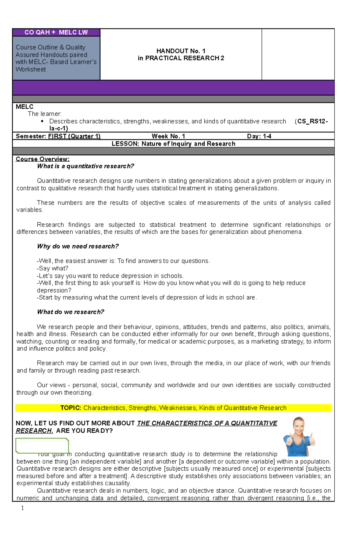 PR2-WEEK 1- Handouts - CO QAH + MELC LW HANDOUT No. 1 in PRACTICAL ...