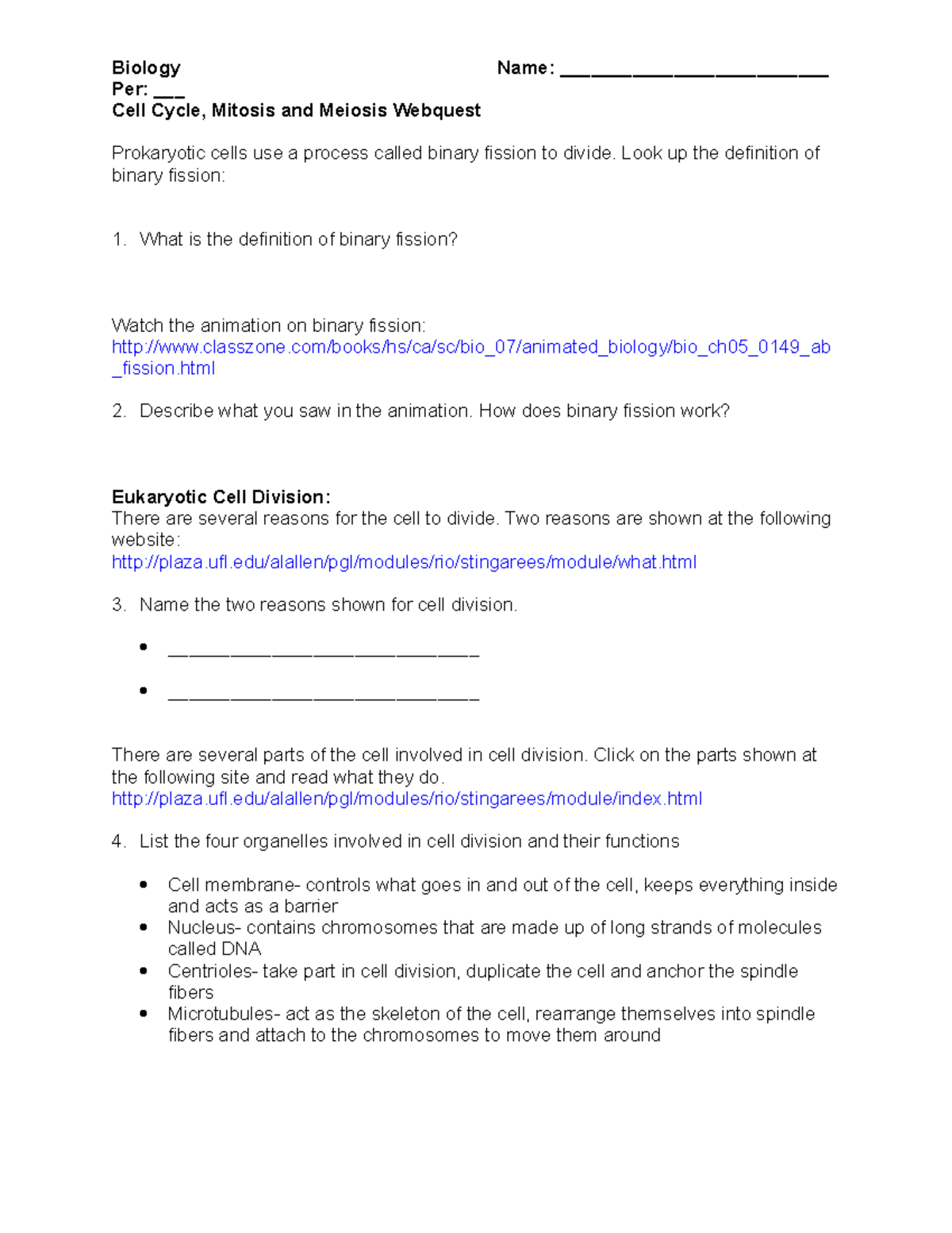 Cell cycle and mitosis webquest - Biology Name ...