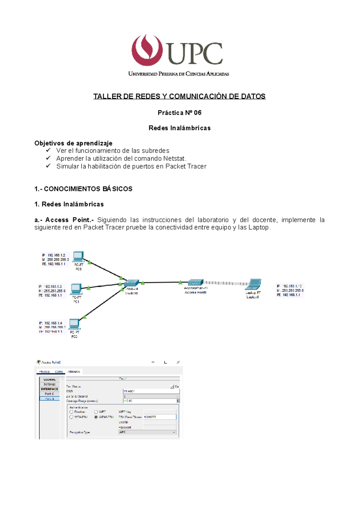 Laboratorio No 6 - Redes Inalámbricas - TALLER DE REDES Y COMUNICACIÓN DE DATOS Práctica Nº 06 ...