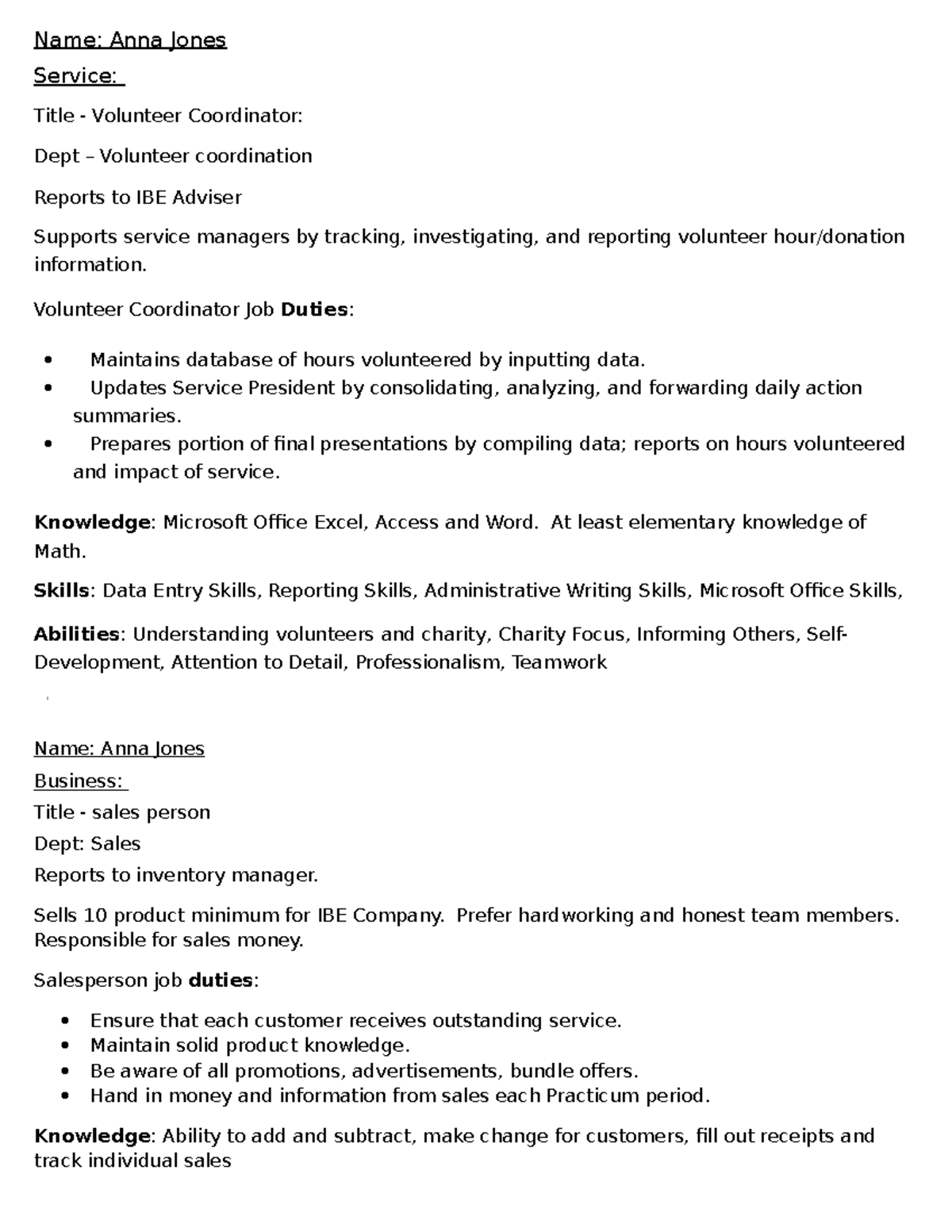 Job description examples - Name: Anna Jones Service: Title - Volunteer ...