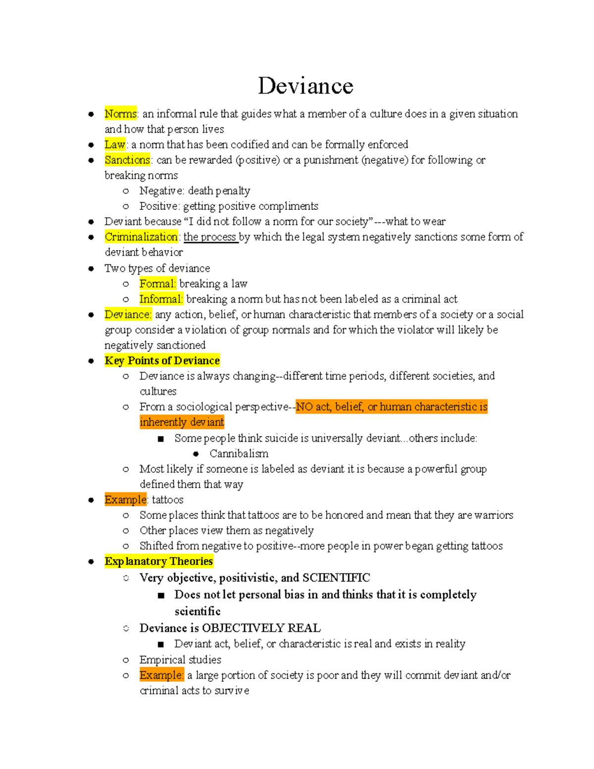 SOCI pt2 - key terms lecture notes - Deviance Norms: an informal rule ...