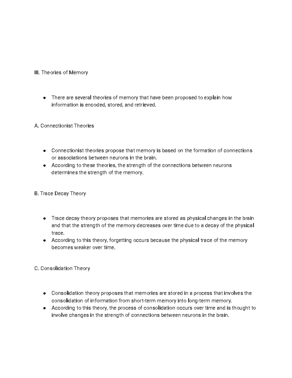 Lecture notes on memeory and learning pt.2 - III. Theories of Memory ...
