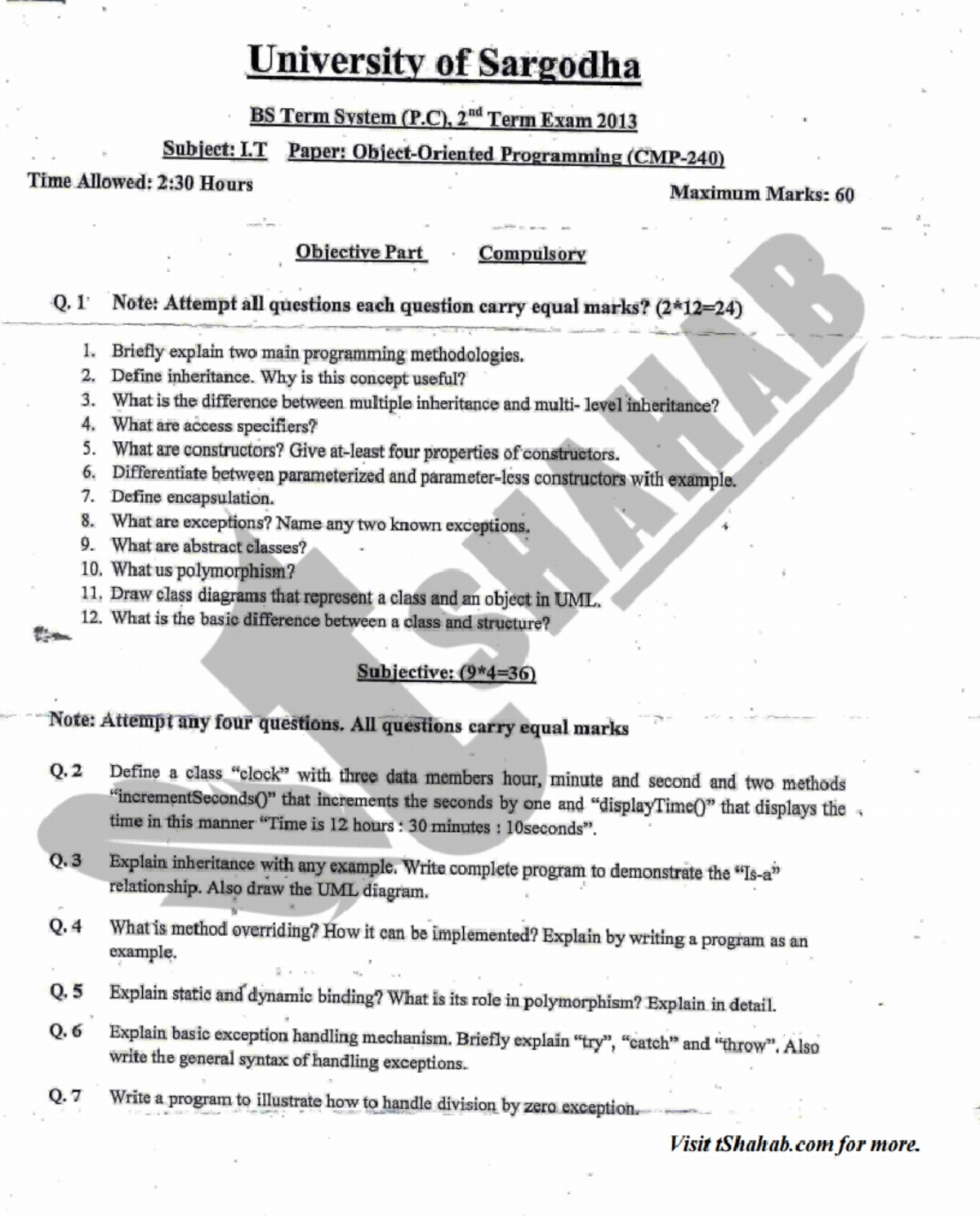 OOP IT 2013 - Past Papers for Oop - University of Sargodha BS Term ...