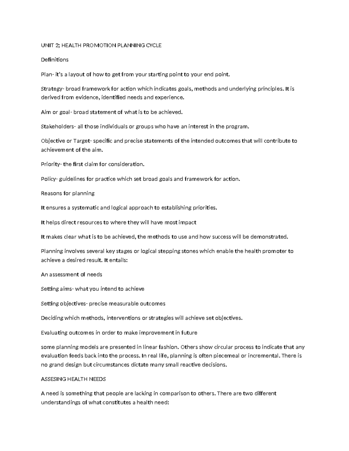 Health promotion planning cycle - UNIT 2; HEALTH PROMOTION PLANNING ...