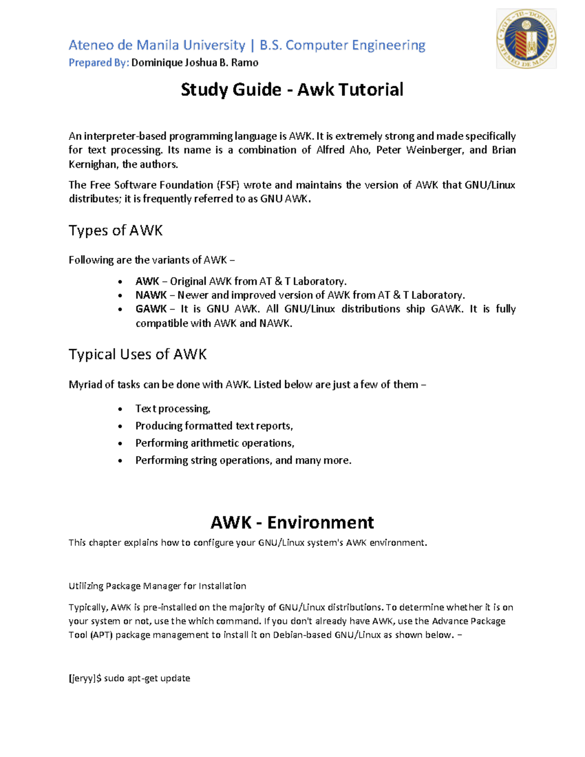 Study Guide - Awk Tutorial - Ateneo de Manila University | B. Computer Engineering Prepared By ...