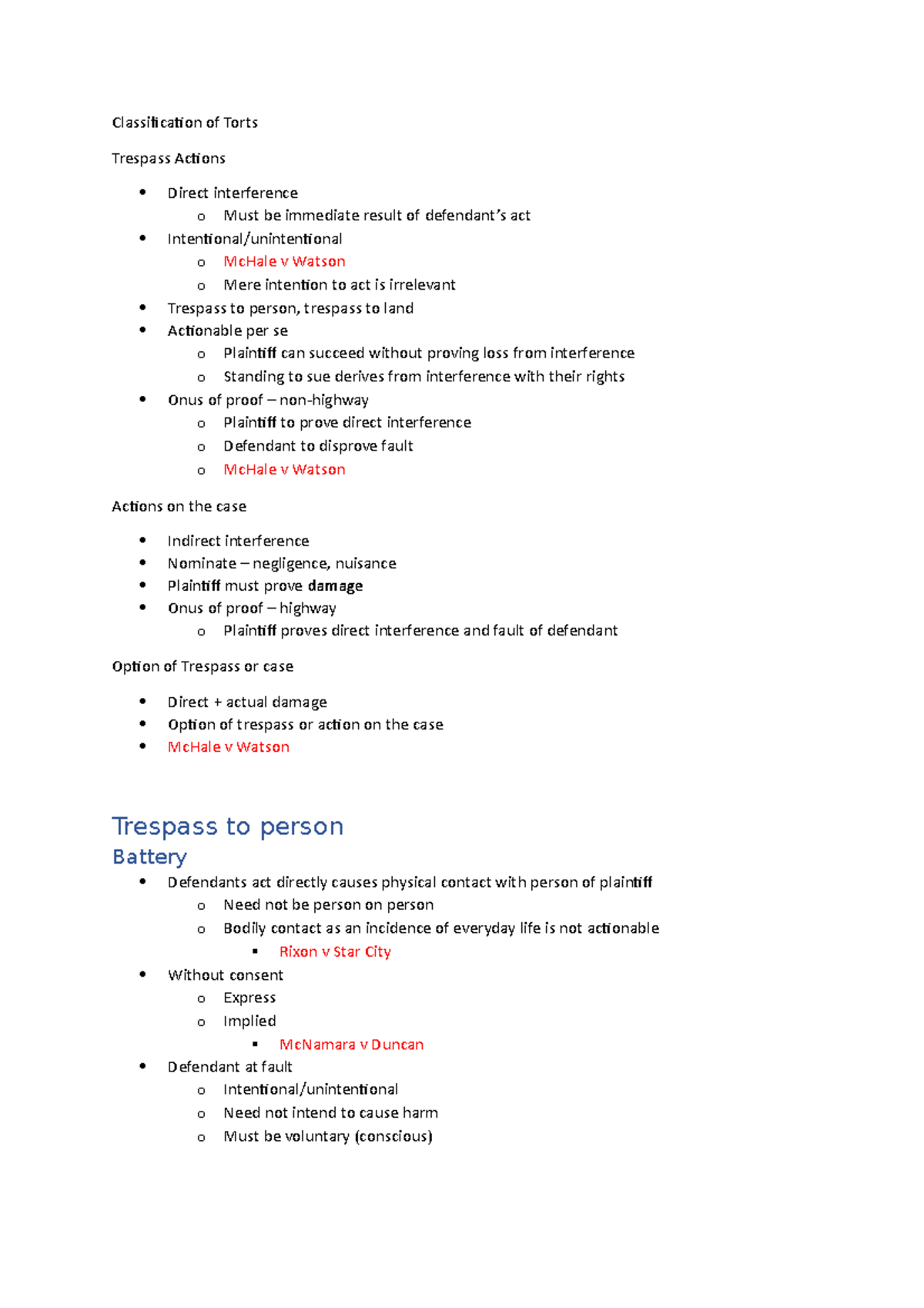 Classification of Torts - Classification of Torts Trespass Actions ...