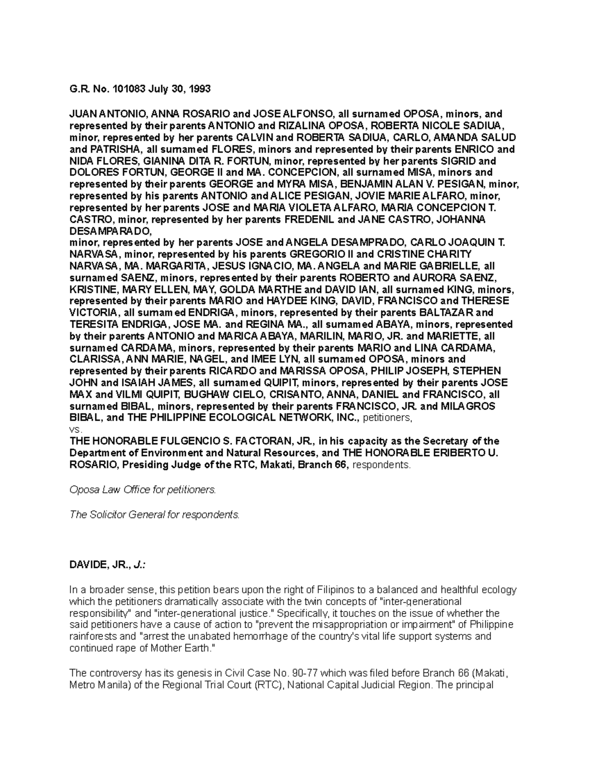 Oposa vs Factoran - Template - G. No. 101083 July 30, 1993 JUAN ANTONIO ...