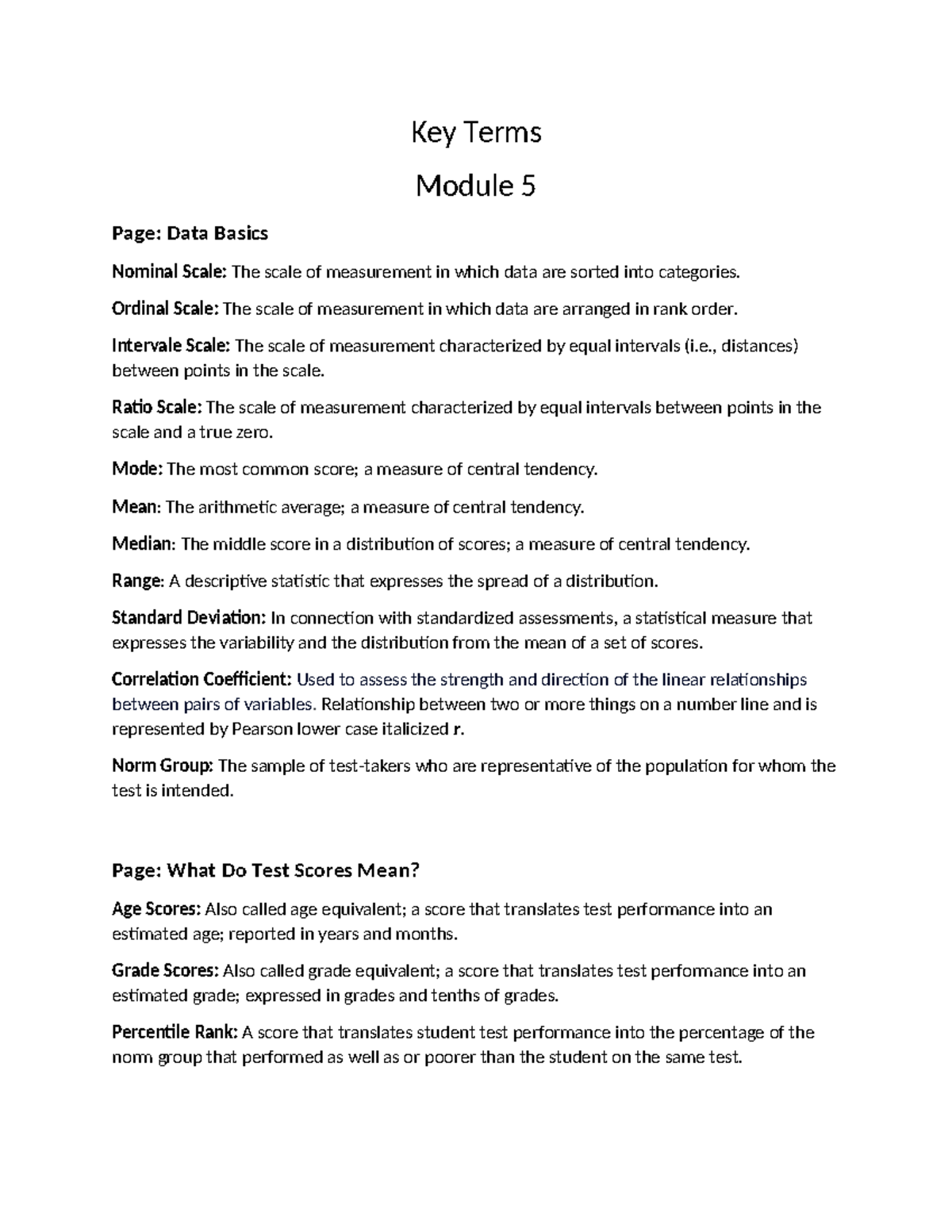 Key terms module 5 - Key Terms Module 5 Page: Data Basics Nominal Scale ...