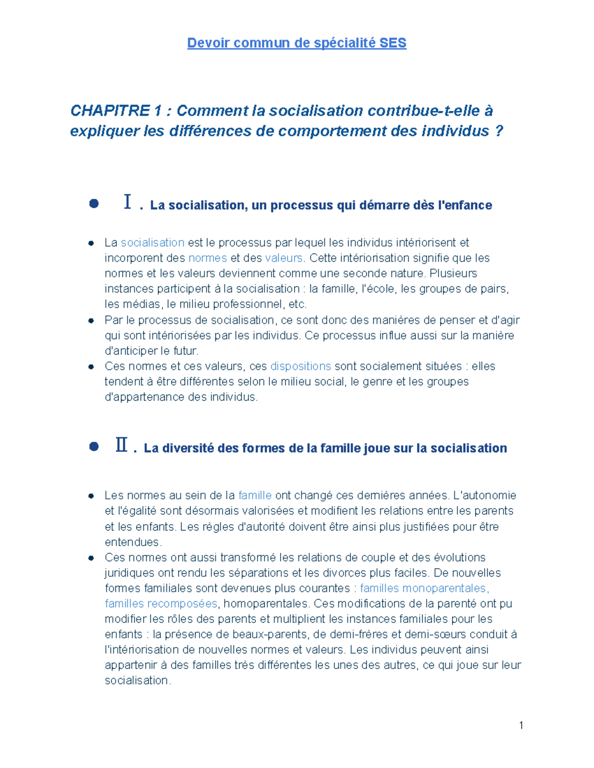 S.E.S Programme Première - Devoir commun de spécialité SES CHAPITRE 1 : Comment la socialisation ...