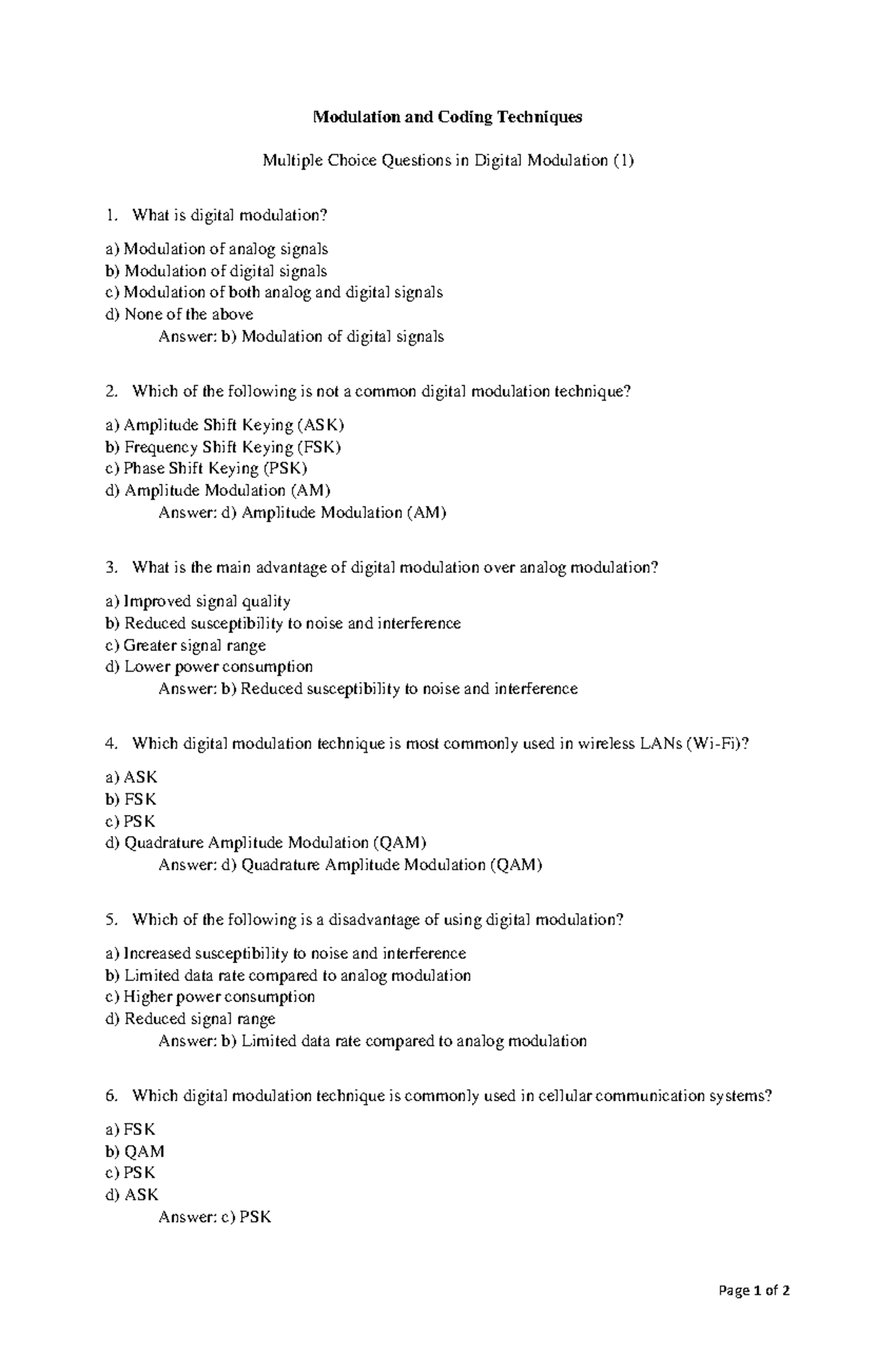 MCQ in Digital Modulation - Page 1 of 2 Modulation and Coding Techniques Multiple Choice ...