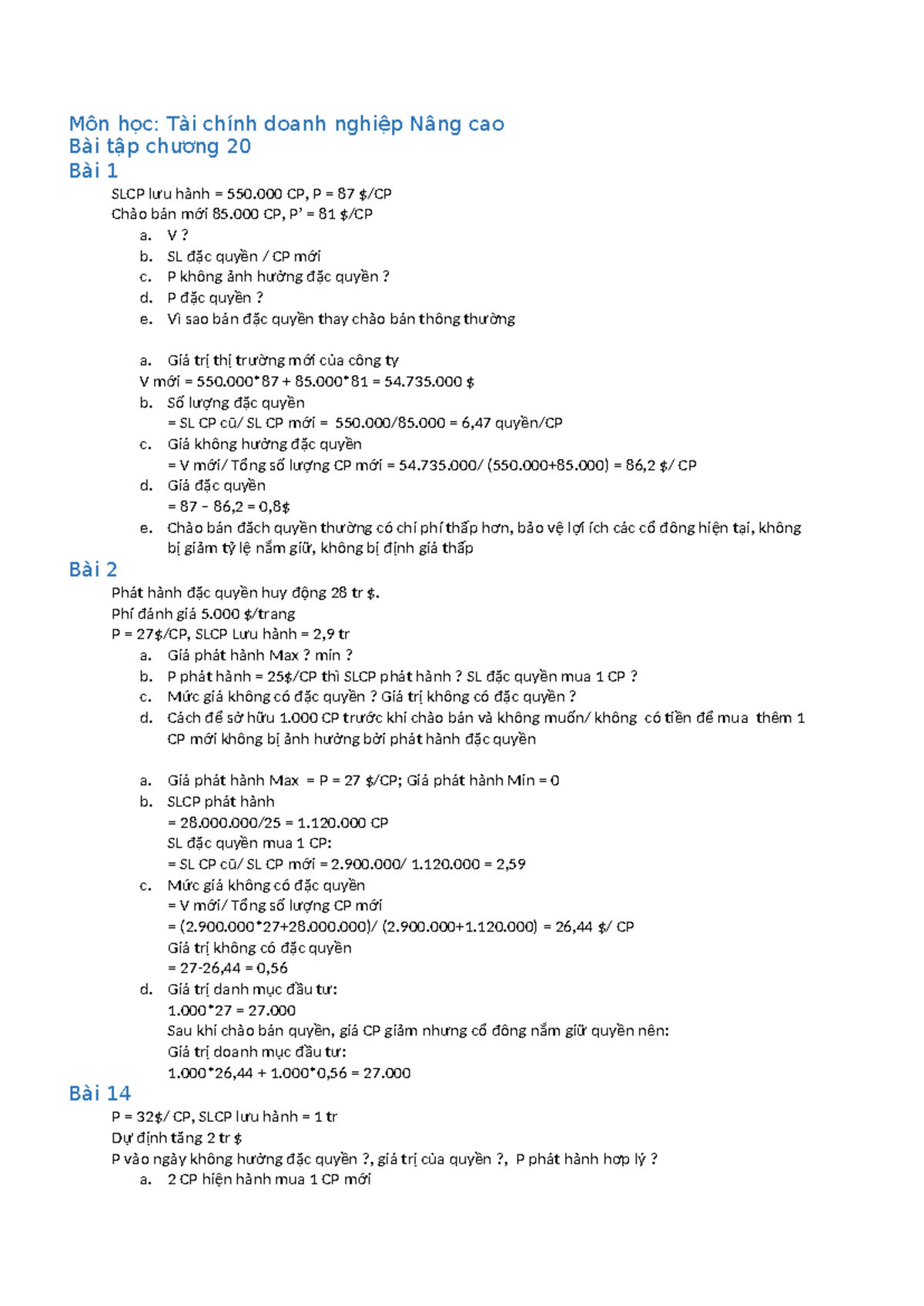2024-03 TCDN NC BT Chuong 20 studoc - Môn học: Tài chính doanh nghiệp Nâng cao Bài tập chương 20 ...
