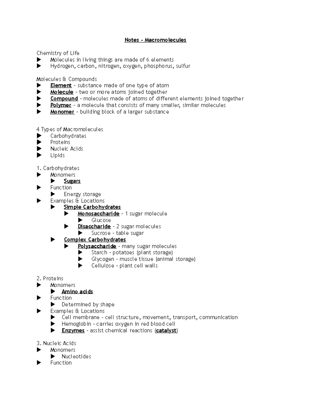 Notes - Macromolecules - Notes - Macromolecules Chemistry of Life ...