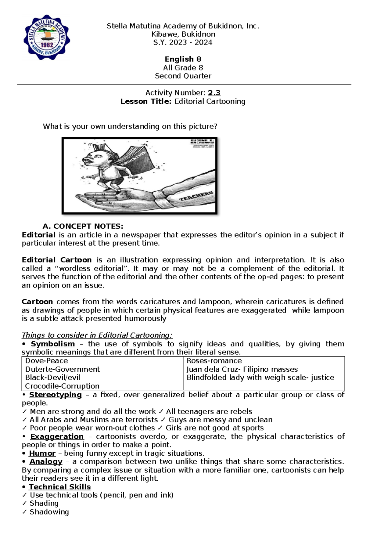 English 8 - Lesson 2.3 Handout - Stella Matutina Academy of Bukidnon ...