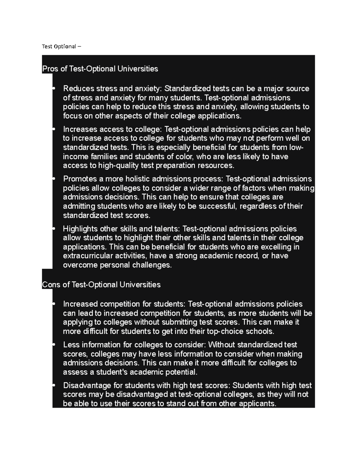 Test Optional Summary - Part of Debate team discussion - Test Optional ...