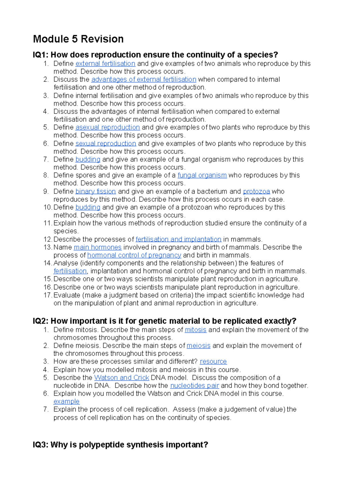 Bio M5 Revision Questions - Module 5 Revision IQ1: How does reproduction ensure the continuity ...