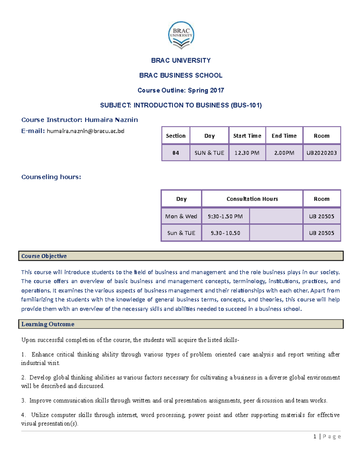 Course outline - BRAC UNIVERSITY BRAC BUSINESS SCHOOL Course Outline ...