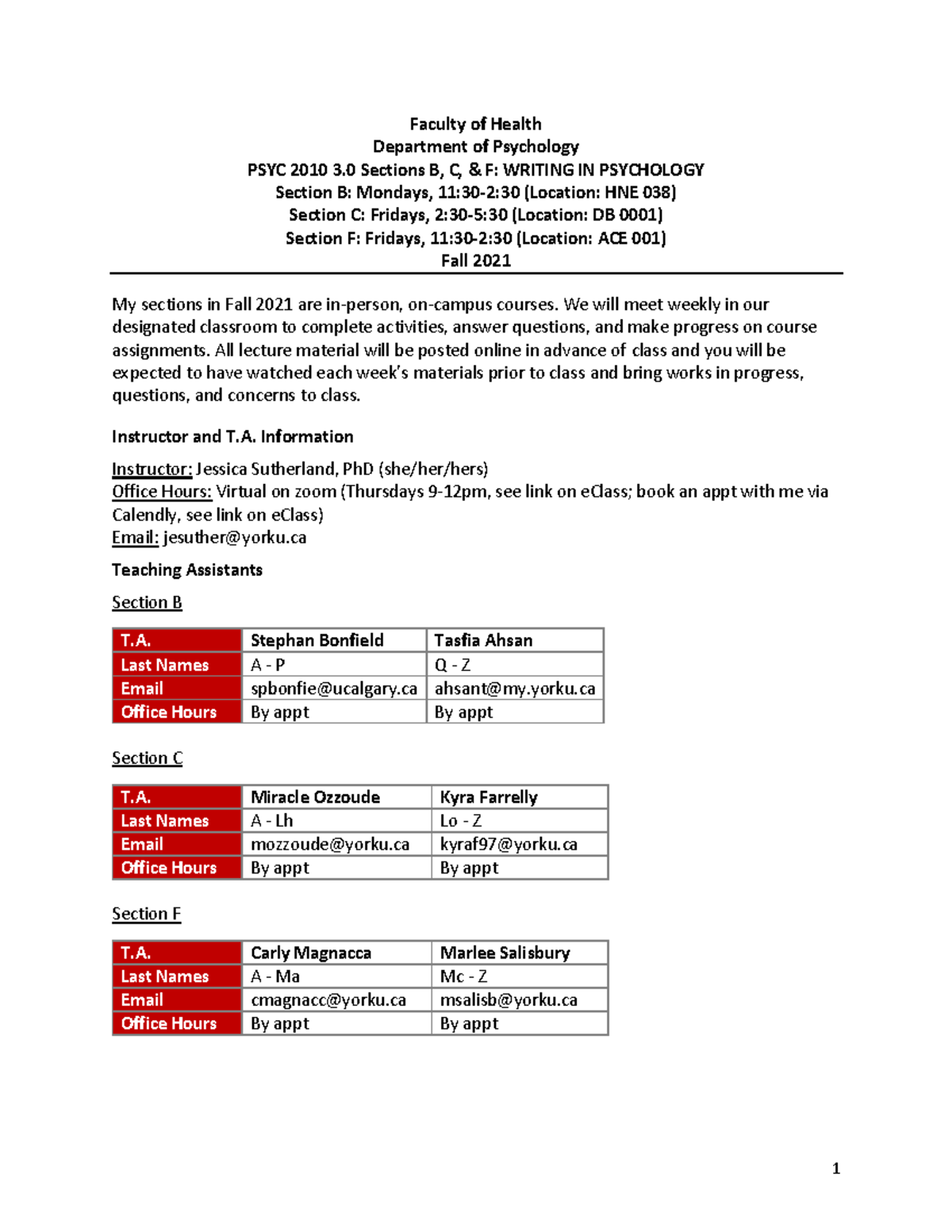 PSYC-2010 B Course-Outline Sutherland F2021 - Faculty of Health ...