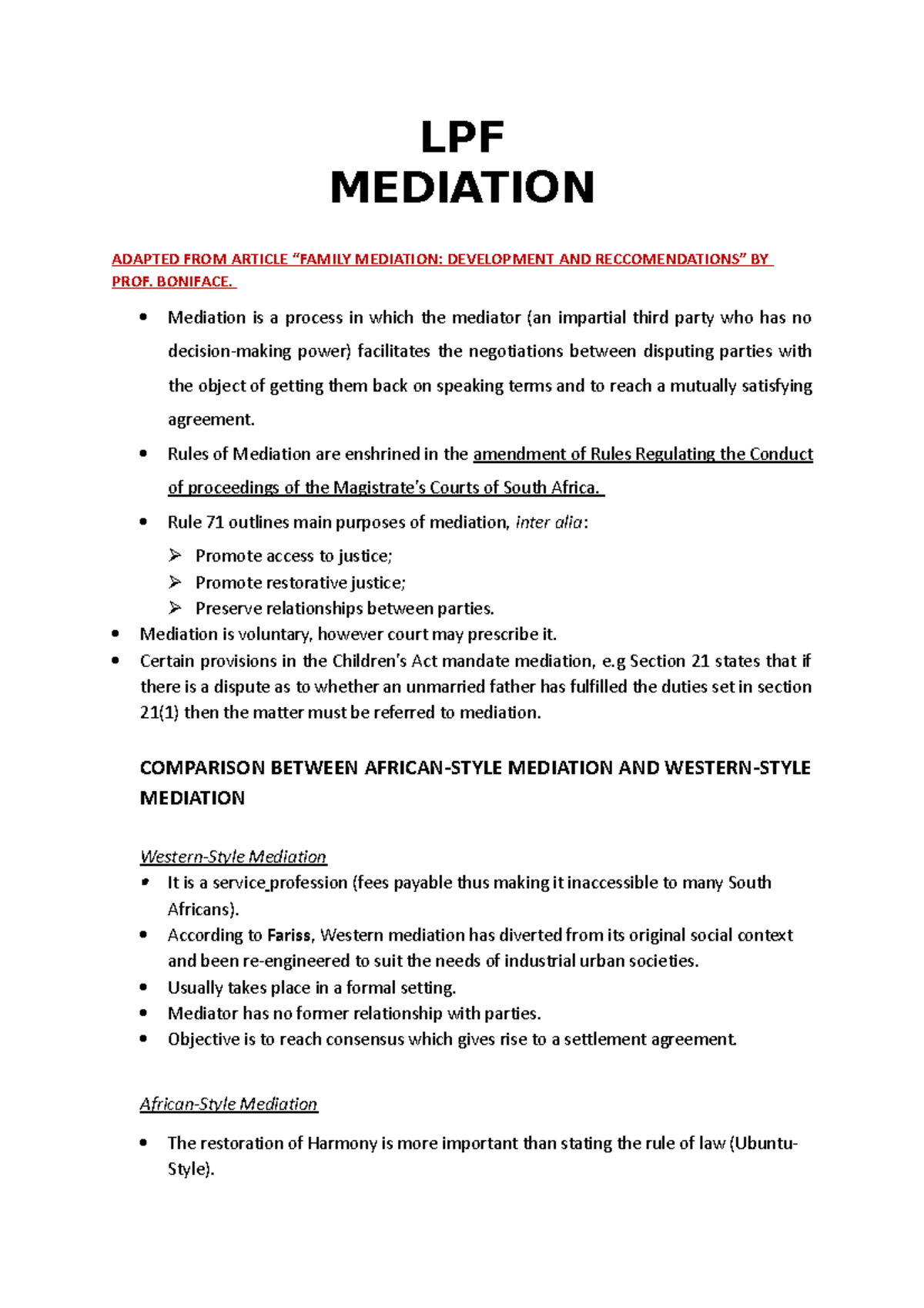 Law of Persons and The Family,Mediation - LPF MEDIATION ADAPTED FROM ...