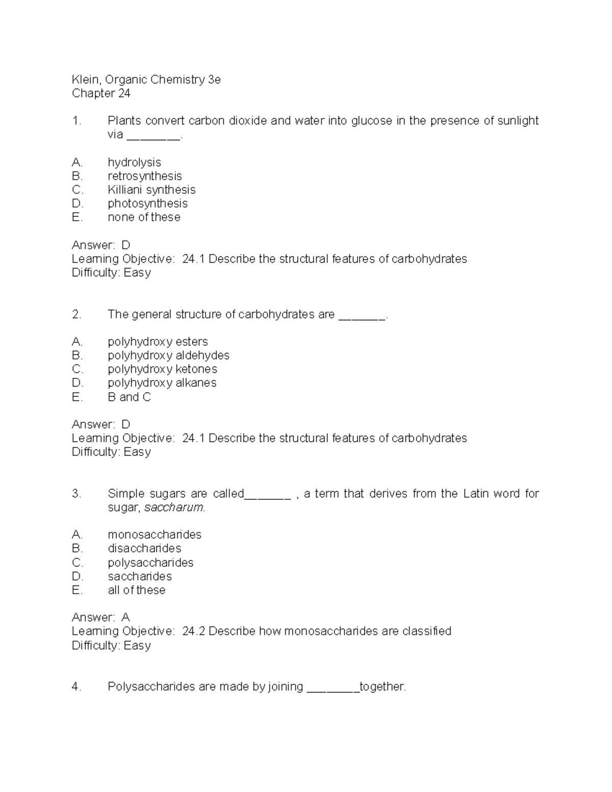 Chapter 24 organic chemistry test bank questions for Klein Orgo 3rd ...