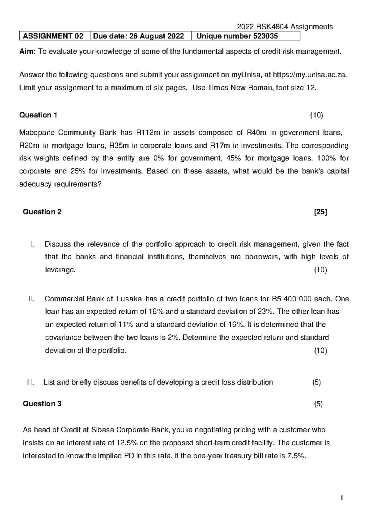 Assignment 2 - 2022 RSK4804 Assignments 1 ASSIGNMENT 02 Due date: 26 ...
